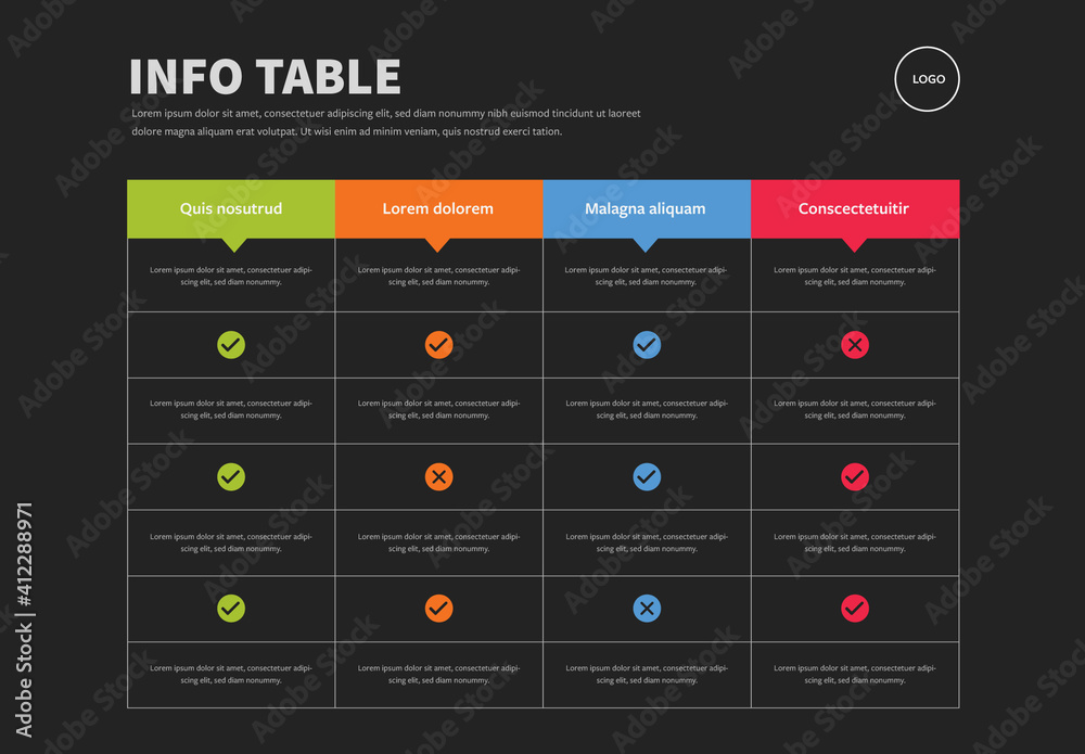 Infographic Table Layout with Bright Color Elements on a Dark ...