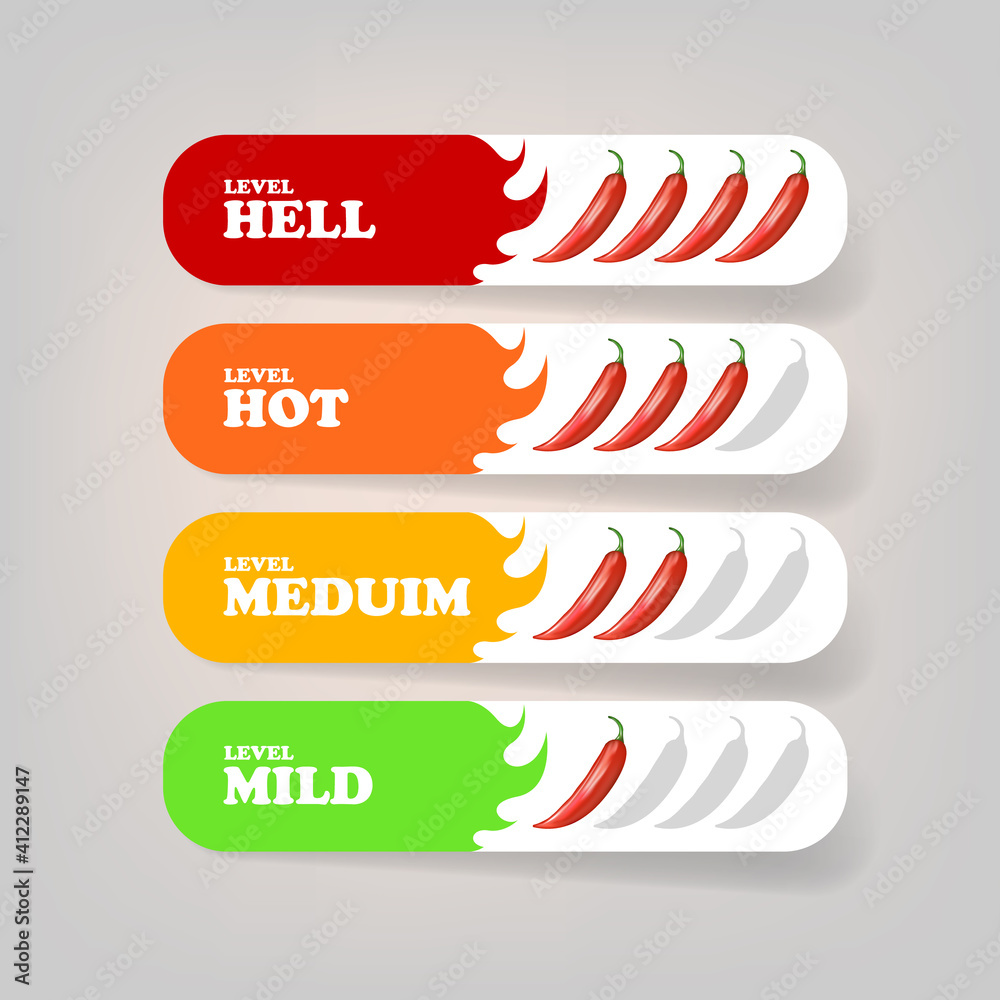 Spicy hot red chili pepper banners or stickers set with flame and ...