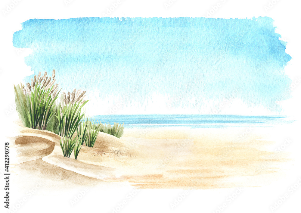 Coastal dune, sea grass, beach on the background of the sea with copy ...