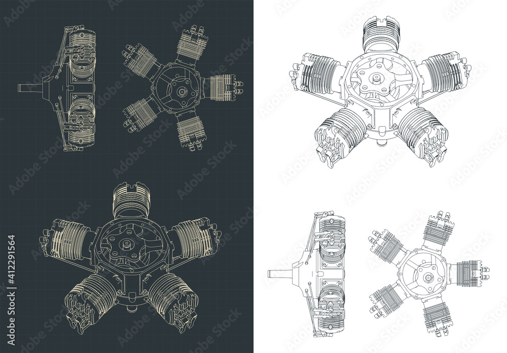Radial engine drawings Stock Vector | Adobe Stock