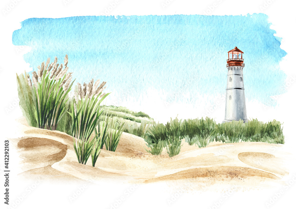 Seaside with sand dunes and old lighthouse. Hand drawn watercolor ...