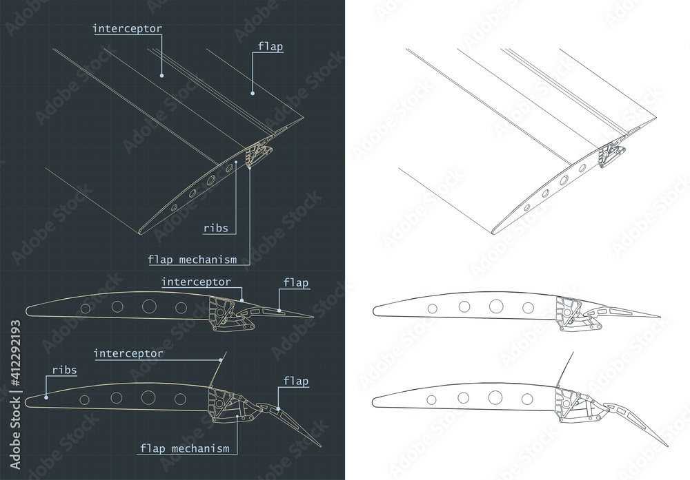 Aircraft Wing Structure and Flaps Systems Blueprints Stock Vector ...