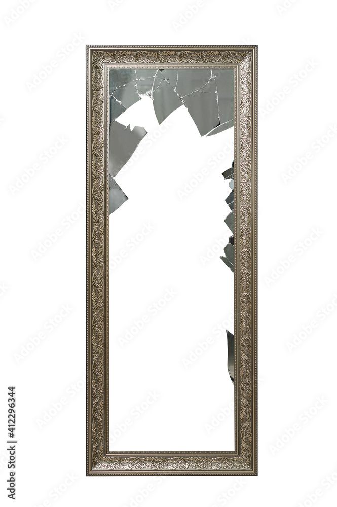 Broken mirror in vintage gilded frame on white isolated background ...