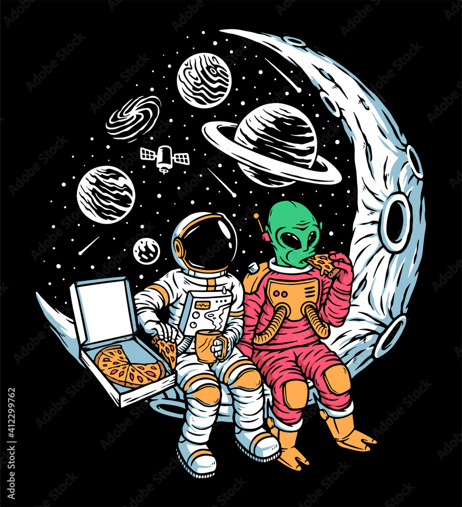 Astronauts and aliens chill together on the moon illustration Stock ...