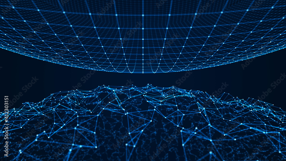 Spheres of particles and lines. Futuristic digital technology. Corrupted network or connection ...