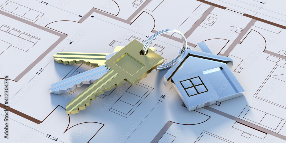 House keys on construction blueprint plans, Residential development ...