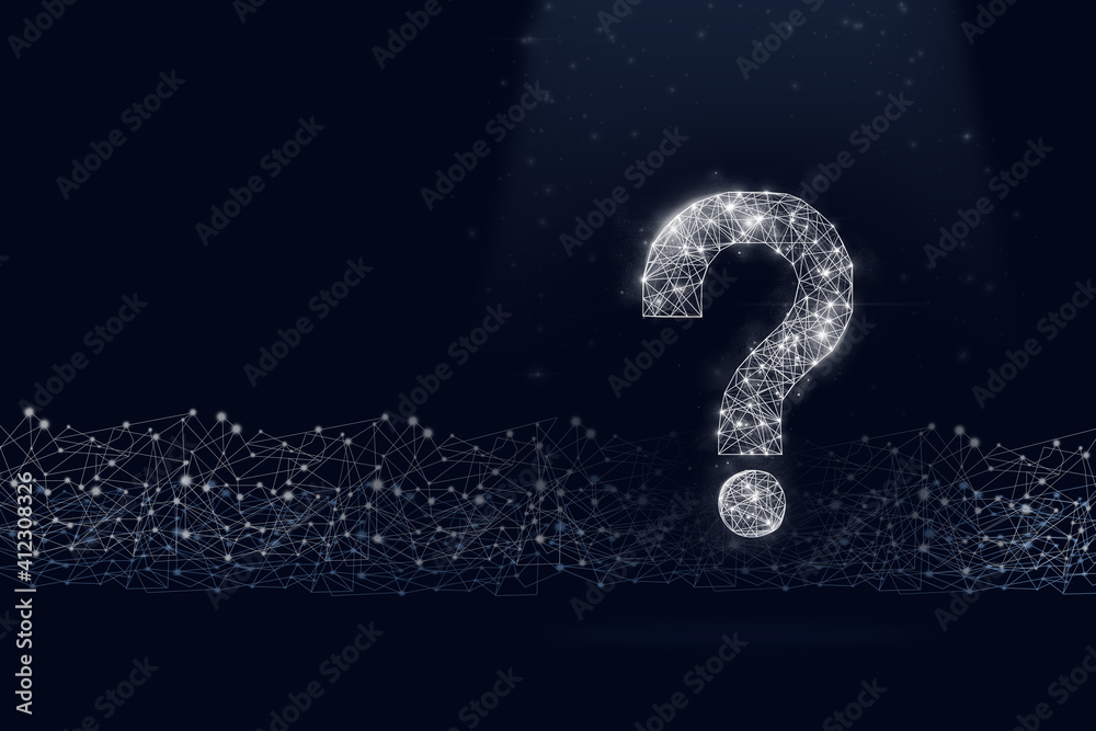 Virtual low poly hologram question mark with shine on digital dark blue ...