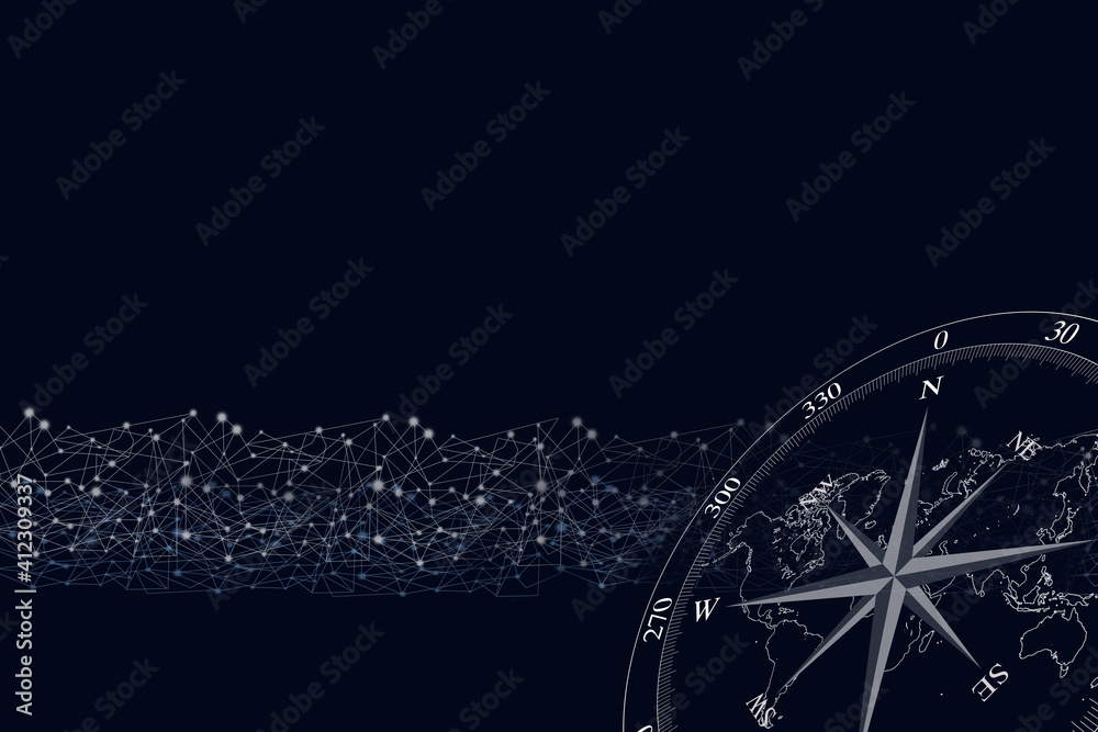 Space compass with digital line on dark blue background with copy space ...