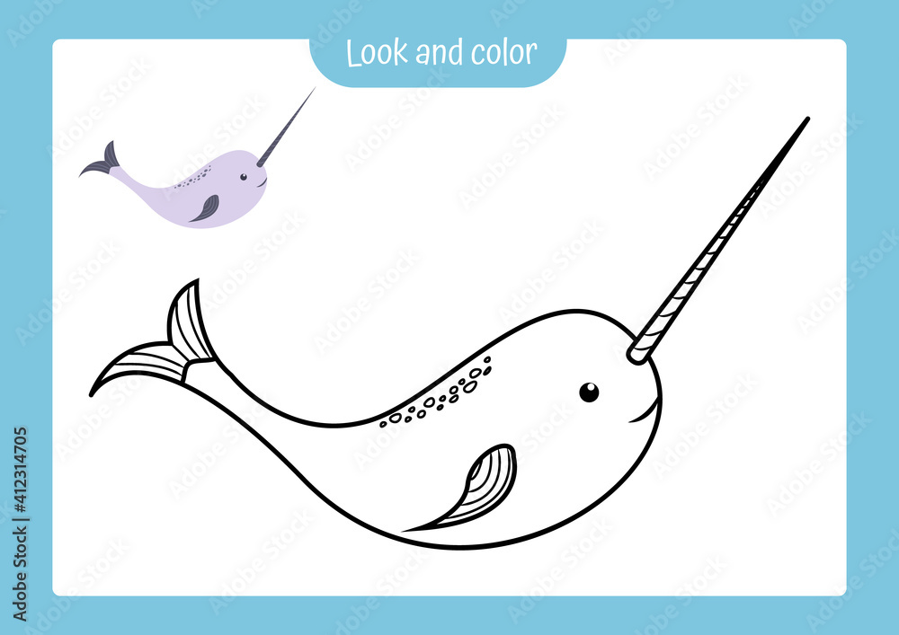 Coloring page outline of narwhal with colored example. Vector ...