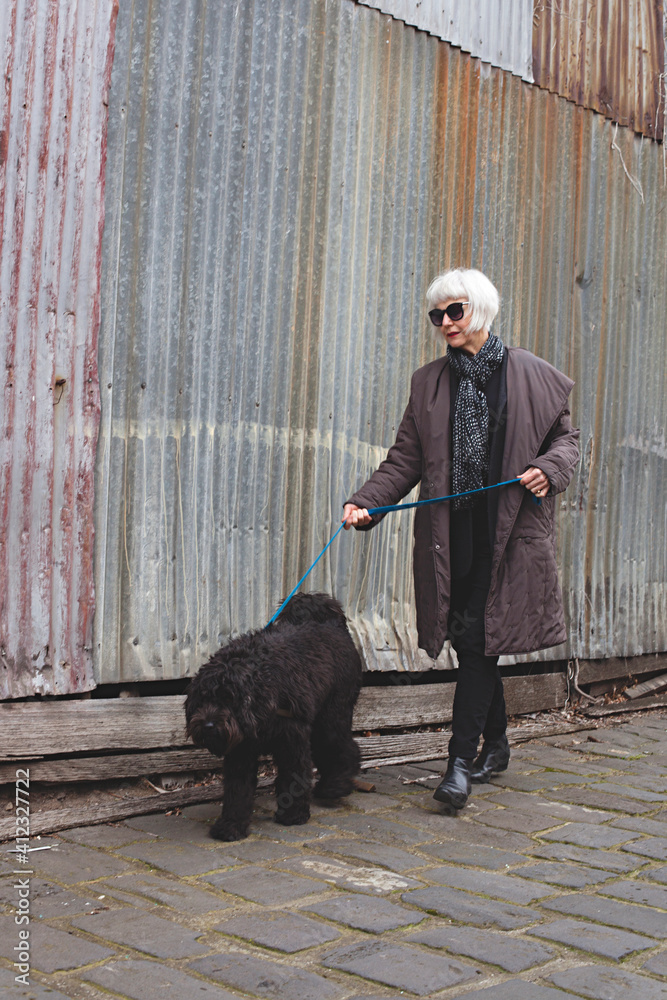Older women walking dog in laneway of Melbourne, Australia Stock Photo ...