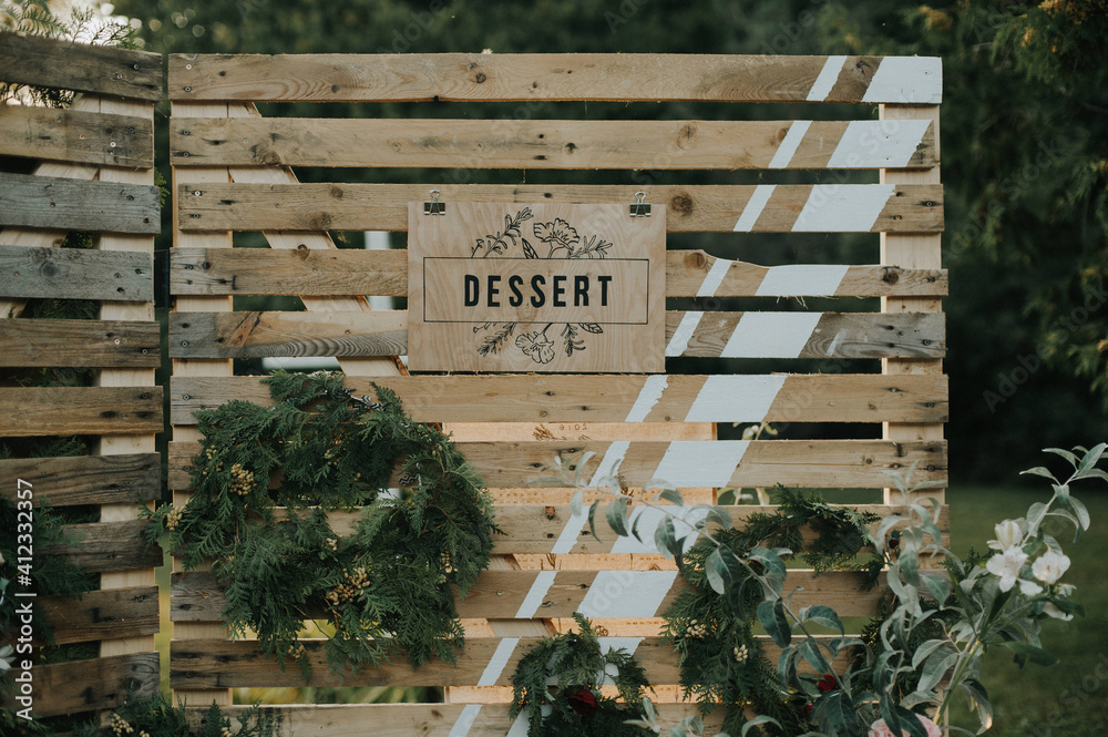Handmade wood pallet dessert table sign for diy bohemian camp wedding ...
