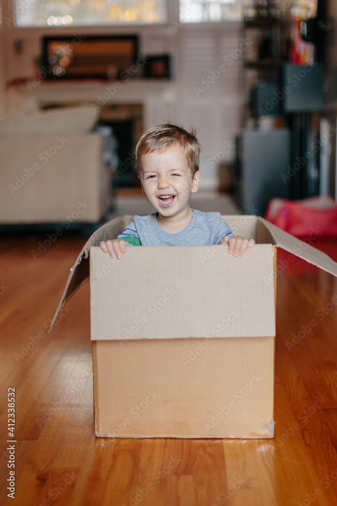 Cute young boy playing with a cardboard box Stock Photo | Adobe Stock