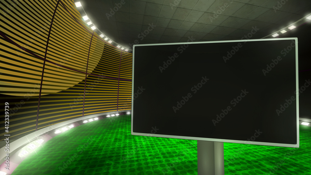 Virtual set background with a Tv monitor. A 3D rendering VR backdrop ...