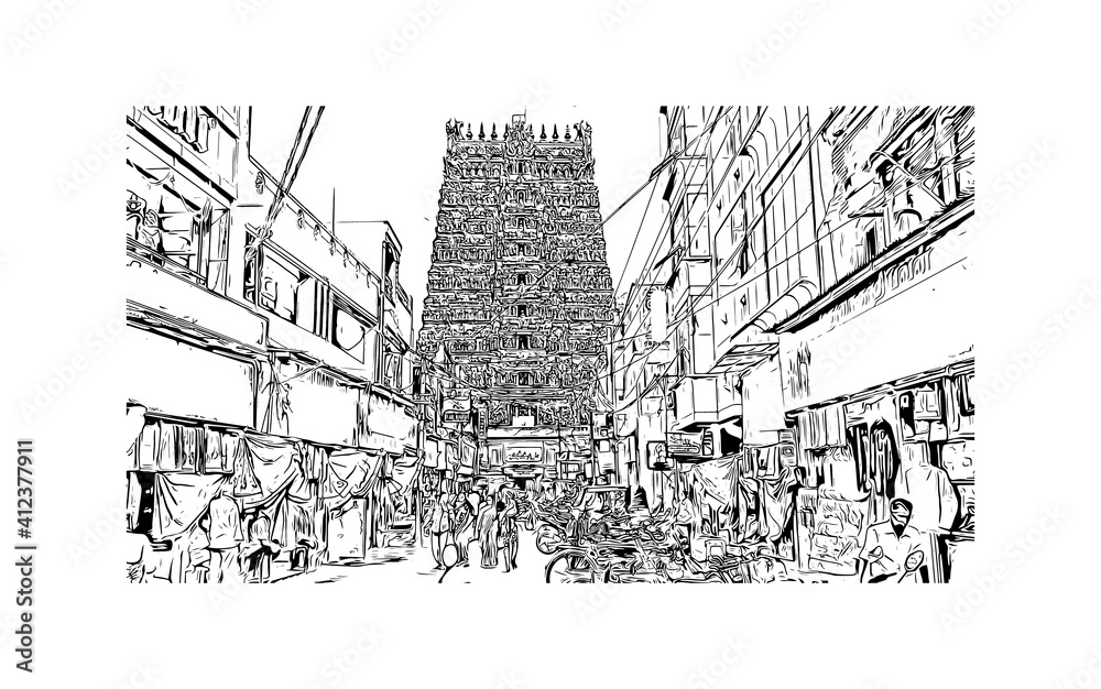 Building view with landmark of South India is the region in India. Hand ...