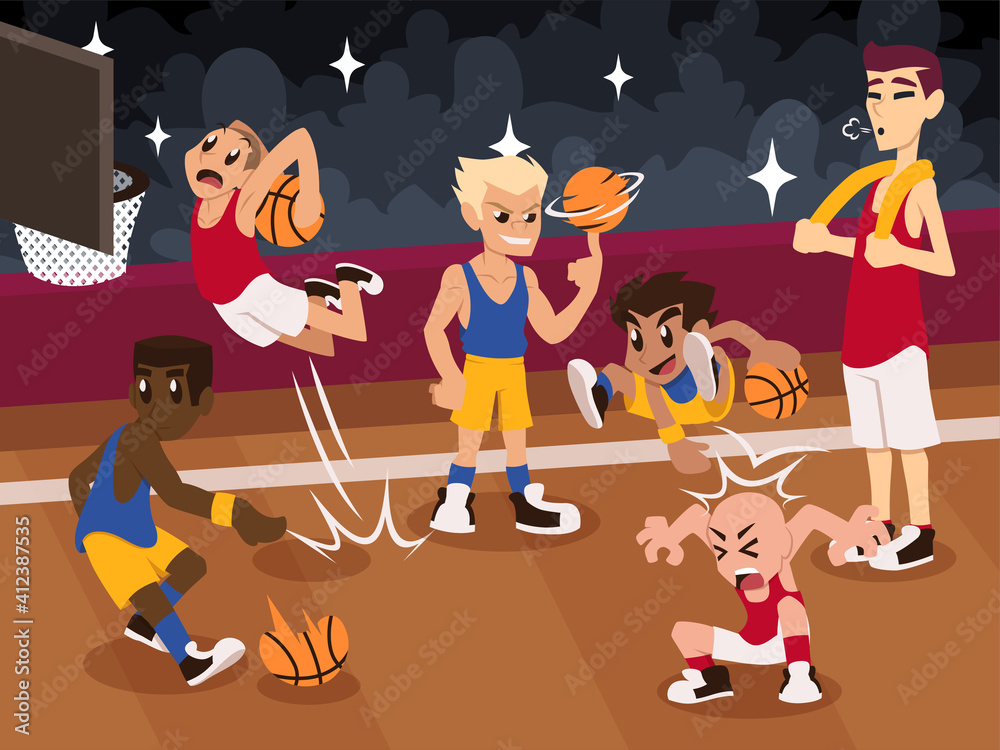 Cartoon basketball players posing on the court Stock Vector | Adobe Stock