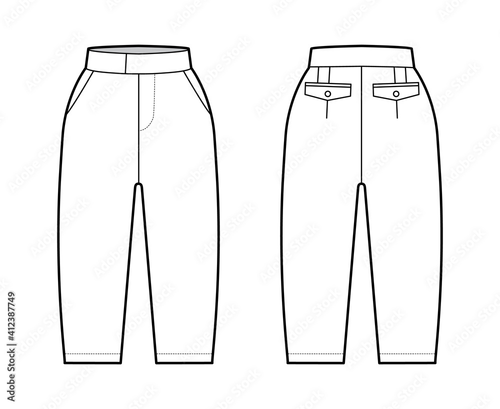 Short capri pants technical fashion illustration with knee length ...