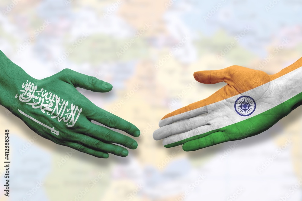 Saudi Arabia and India - Flag handshake symbolizing partnership and ...