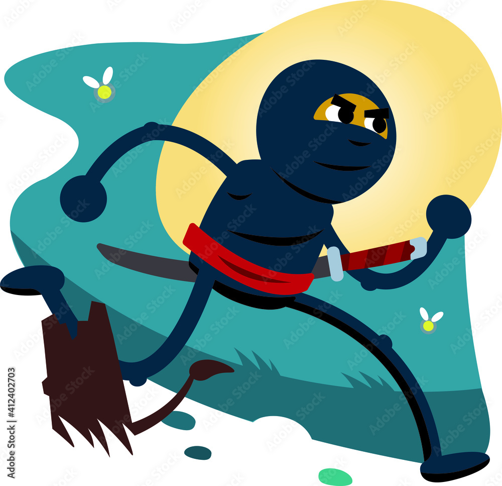 Ninja with sword running at night though a field with fireflies ...
