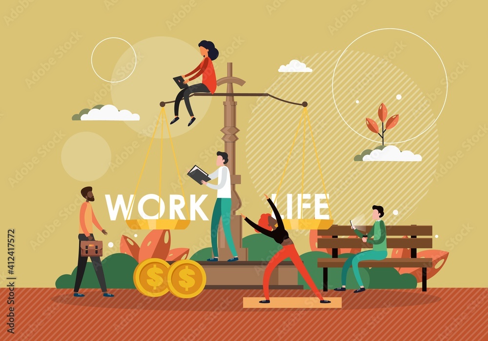Work life balance concept vector illustration. Scale with work sign on ...