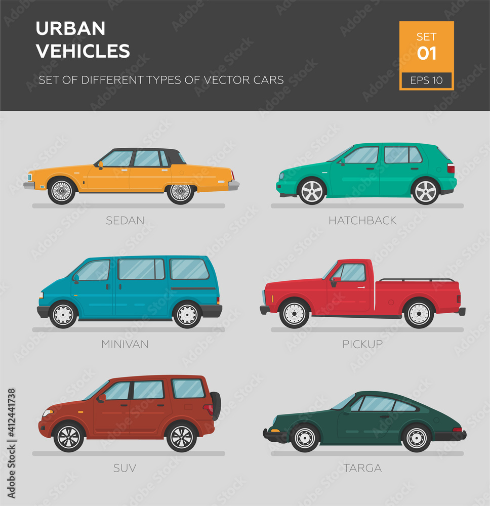 Urban vehicles. Set of different types of vector cars: sedan, hatchback ...
