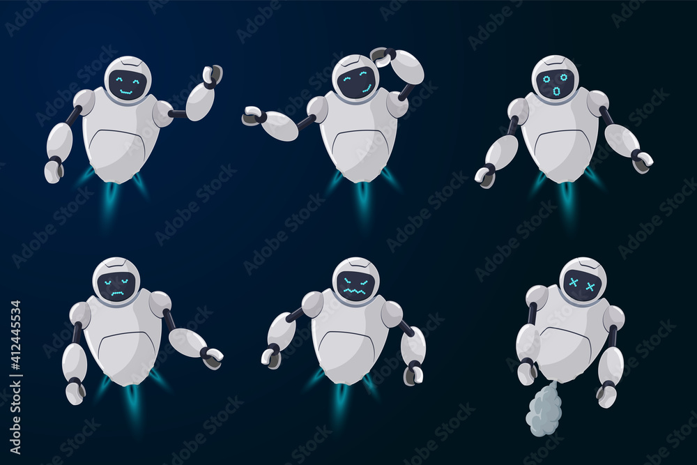 Cute friendly robot character different emotion set. Futuristic chatbot ...