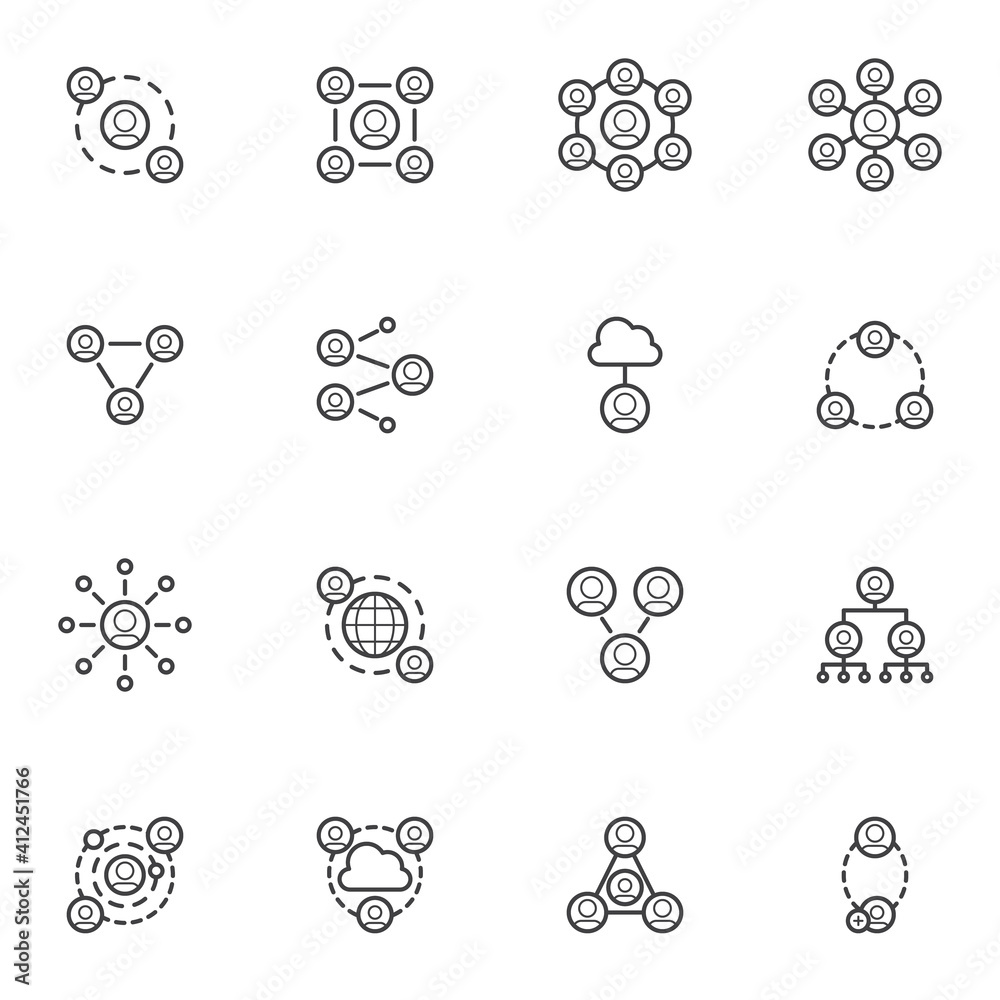 People network connection line icons set, outline vector symbol ...