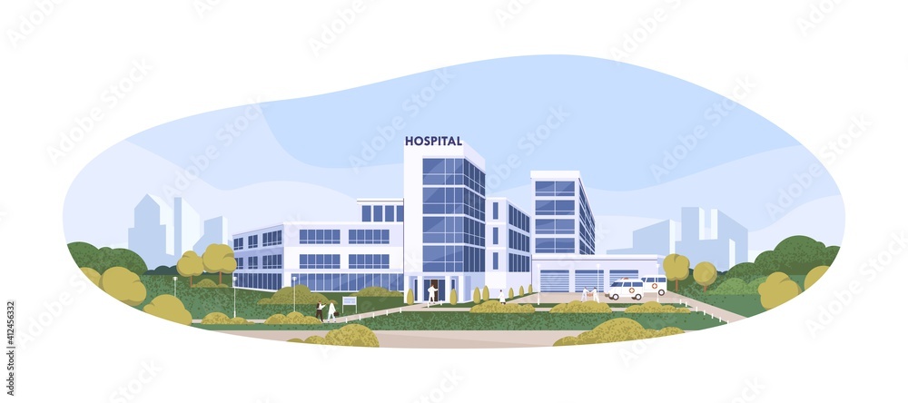 Modern building of public hospital or clinic with ambulances and ...