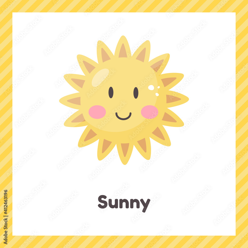 Sun. Cute weather sunny for kids. Flash card for learning with children ...