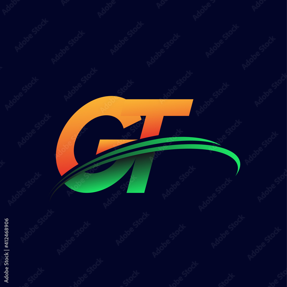 initial logo GT company name colored orange and green swoosh design ...