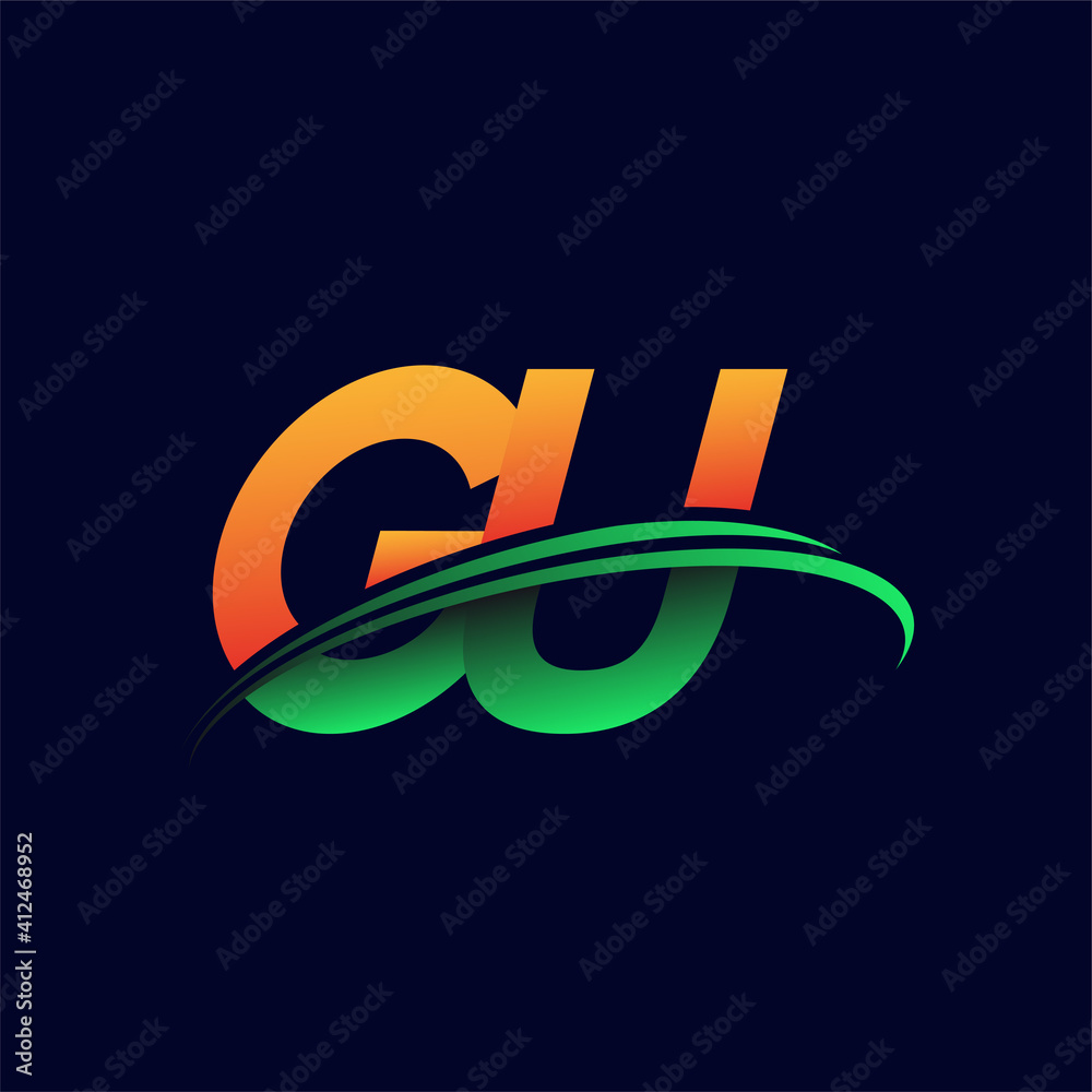 initial logo GU company name colored orange and green swoosh design ...