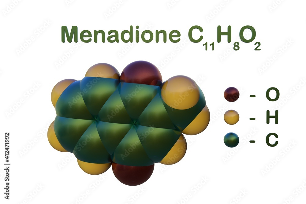 Structural chemical formula and molecular model of menadione, a fat ...