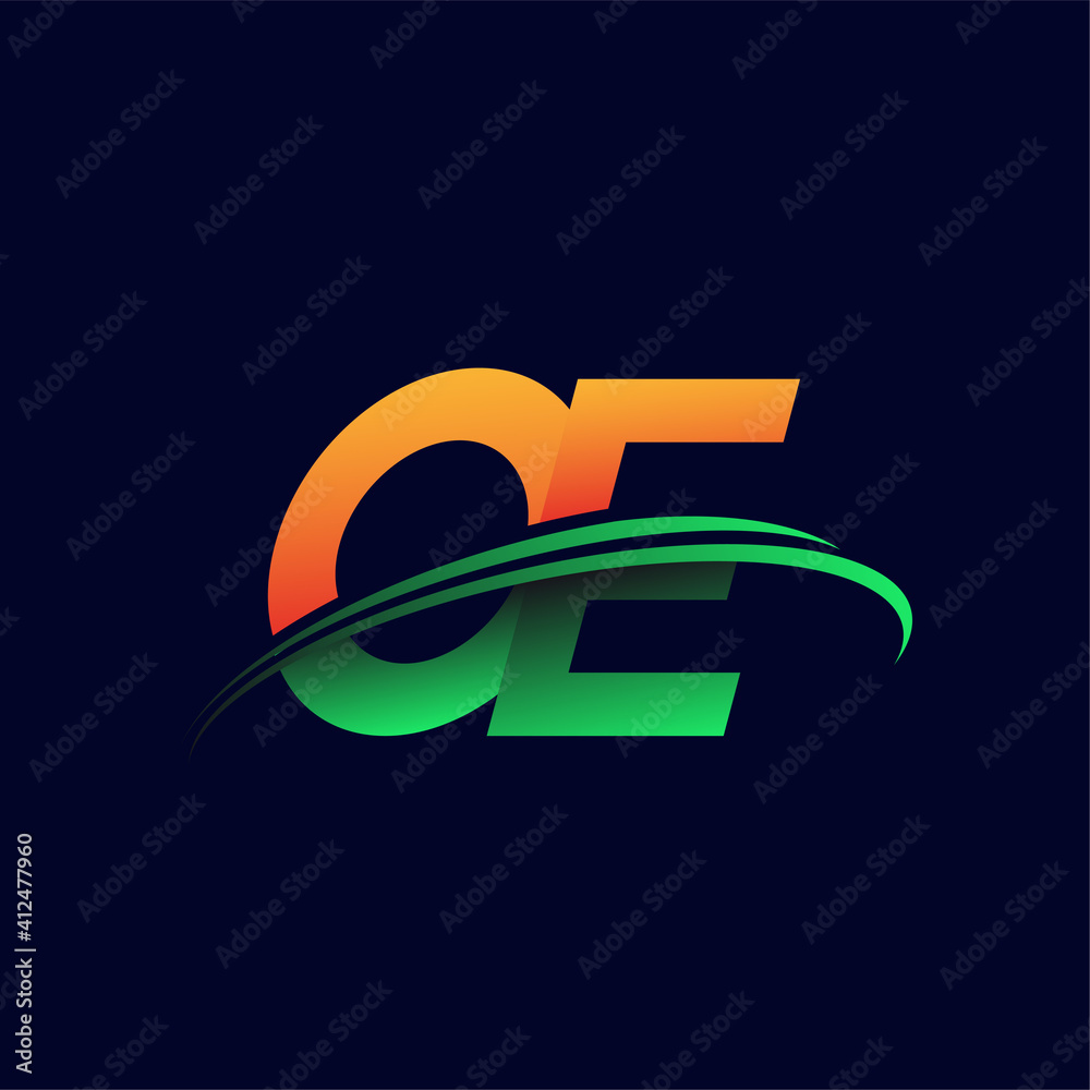 initial logo OE company name colored orange and green swoosh design ...
