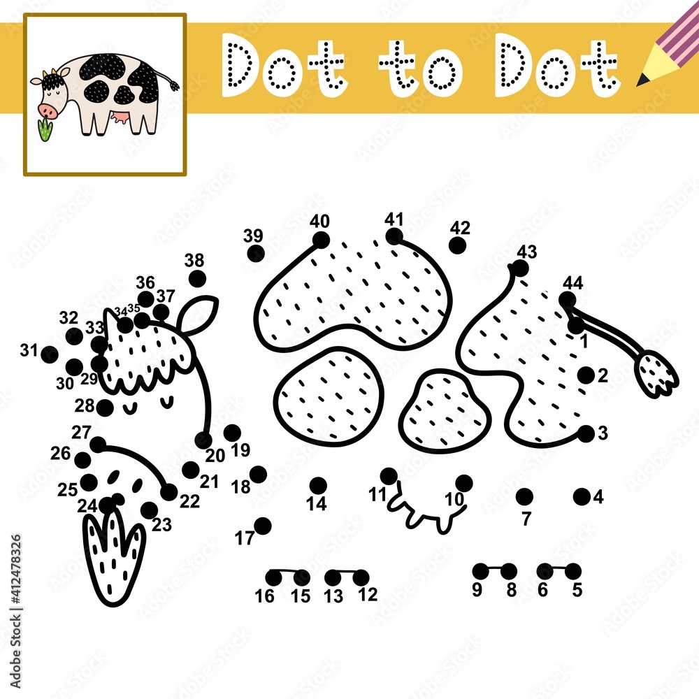 Connect the dots and draw a cute cow. Dot to dot game with a farm ...