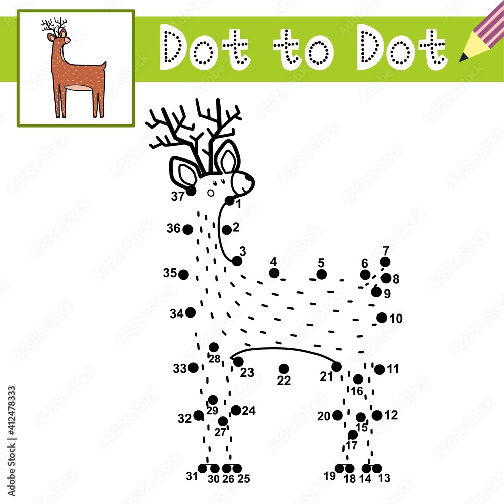 Connect the dots and draw a cute deer. Dot to dot game with funny ...