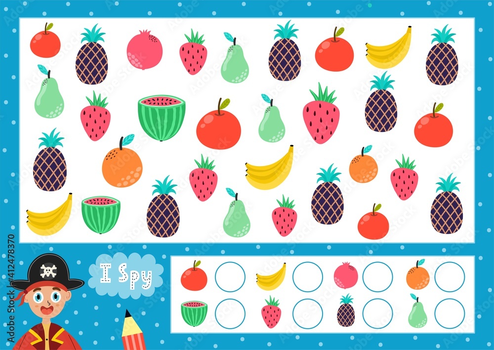 I spy game for kids. Find and count fruits. Search the same bird puzzle ...