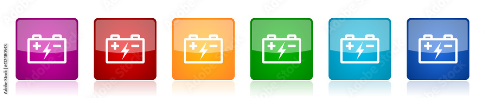 Battery, power storage icon set, square glossy vector buttons in 6 ...