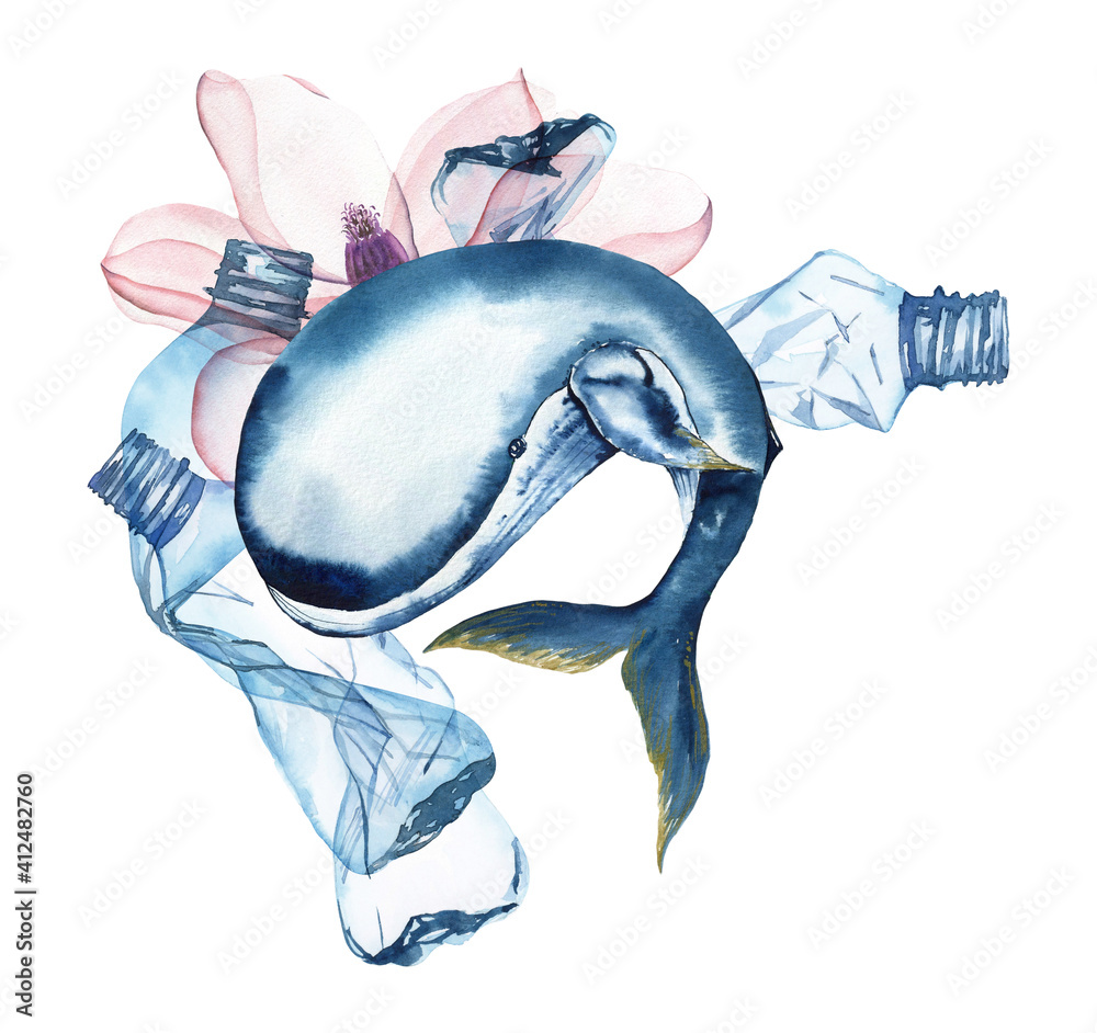 Watercolor whales with plastic bottles and plastic bags. Enviroment ...