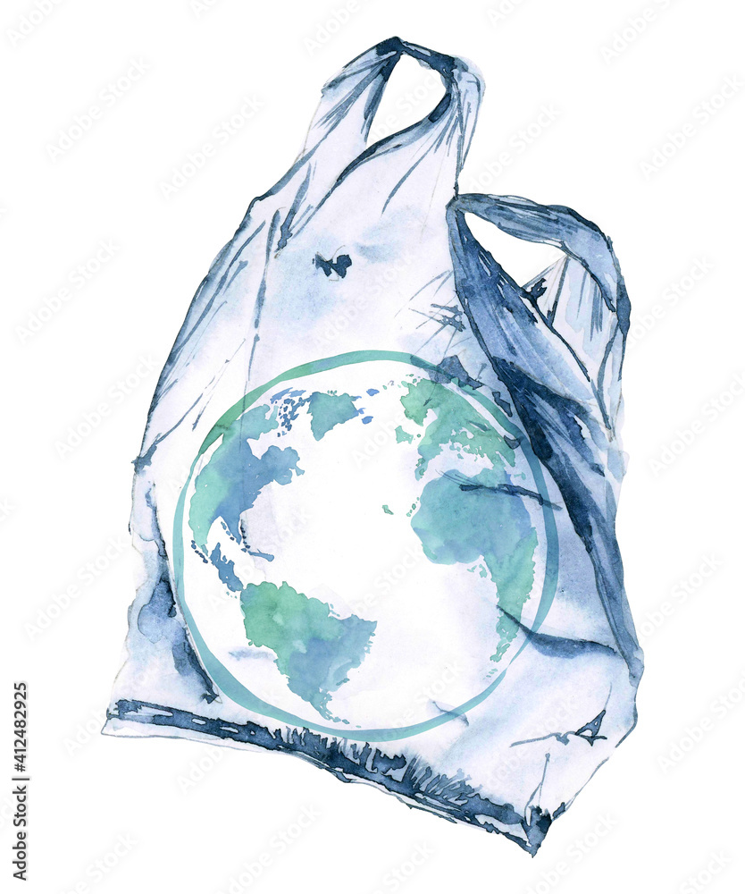 Watercolor Earth in plastic bag. Enviroment pollution poster, Save the ...