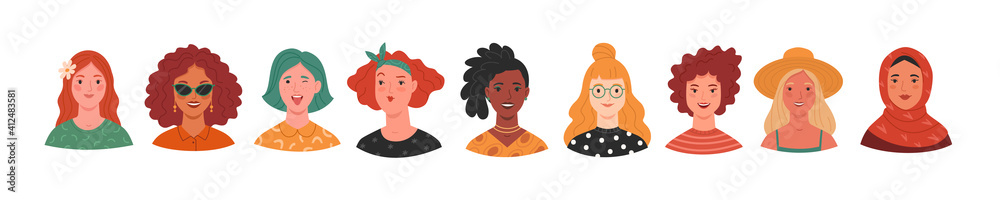 Women's portraits collection. Vector illustration of diverse cartoon ...