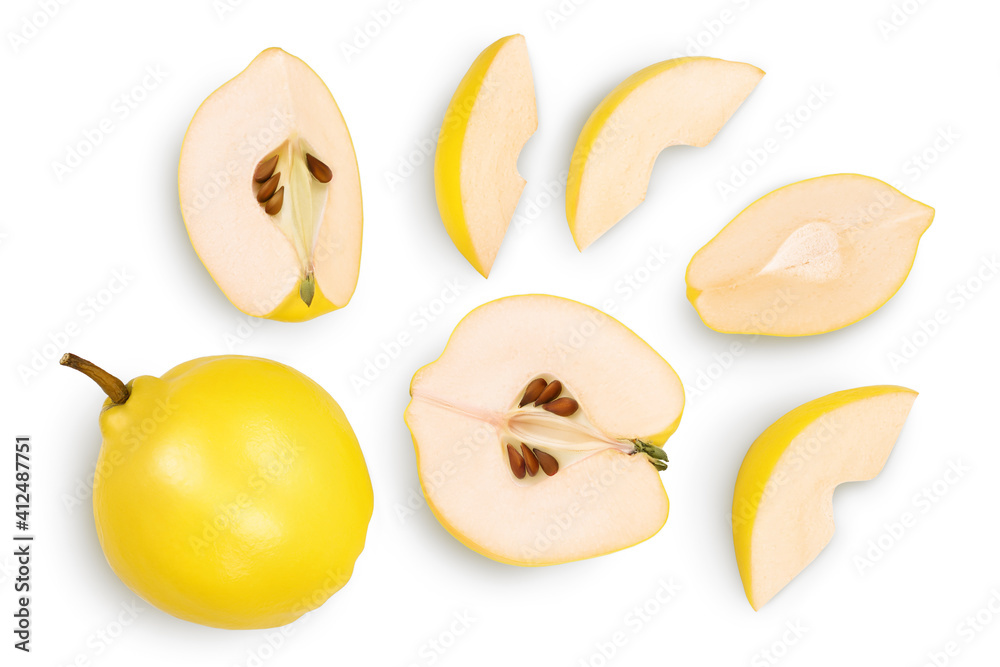Fresh quince with half and slices isolated on the white background with ...