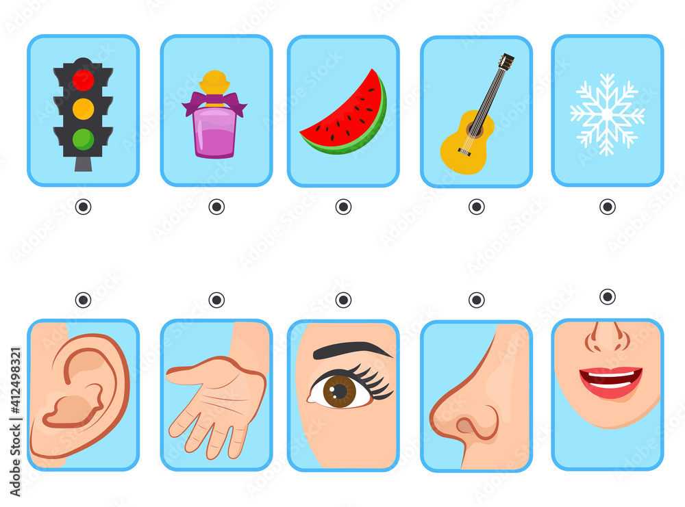 Game for kids. Cards. Five senses. Sight, touch, hearing, smell and ...