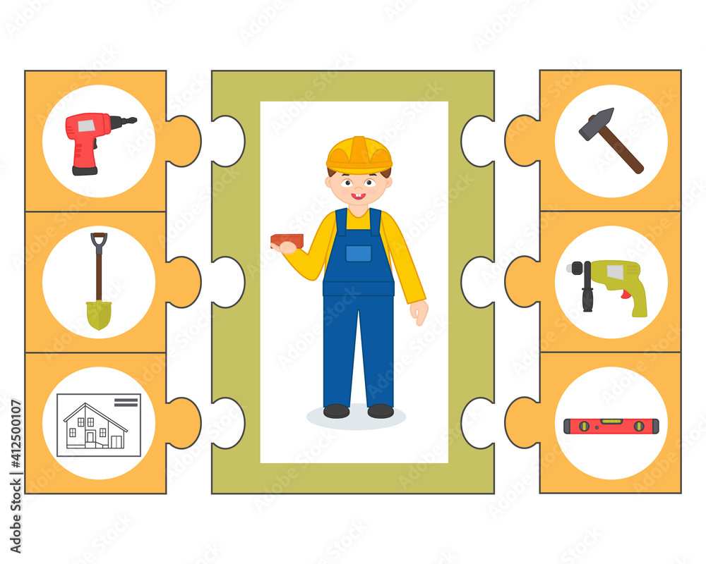 Game for kids. Pazl. Construction concept set all of tools supplies for ...