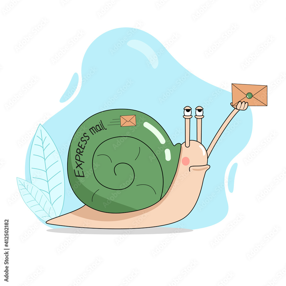 The snail holds a letter in his hand. Postman snail. Express mail ...