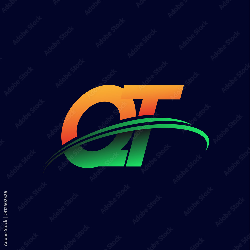 initial logo QT company name colored orange and green swoosh design ...