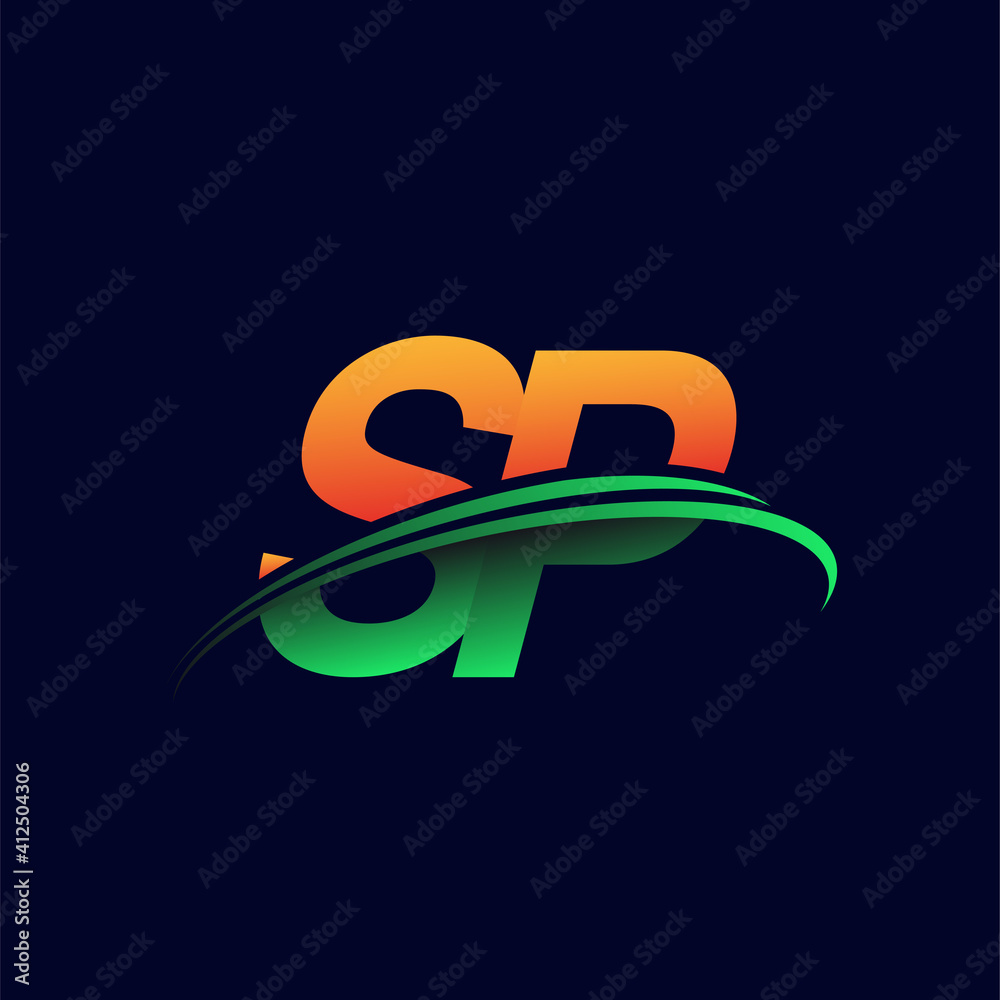 initial logo SP company name colored orange and green swoosh design ...