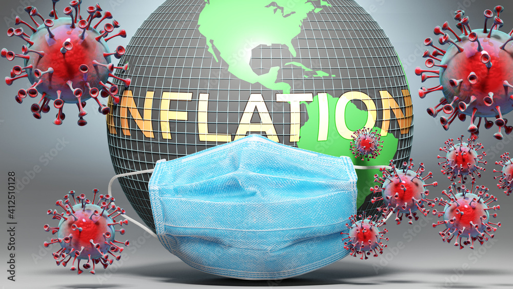 Inflation and covid - Earth globe protected with a blue mask against ...