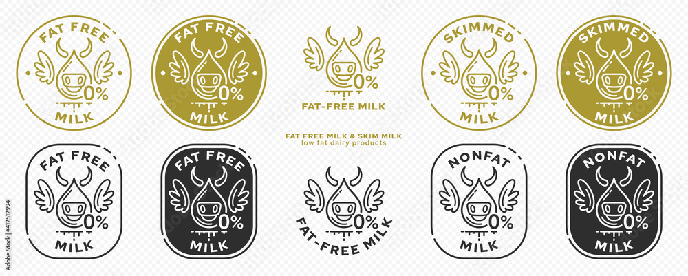Concept for product packaging. Labeling - Skim milk. Fatty milk drop ...