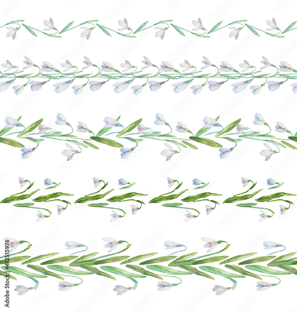 Collection of the floral watercolor seamless border. Set of cute retro ...