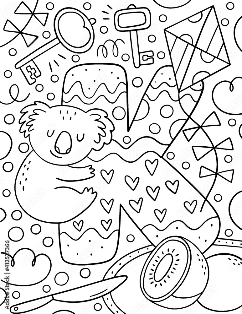 Coloring page Alphabet for kids with cute characters in doodle style ...