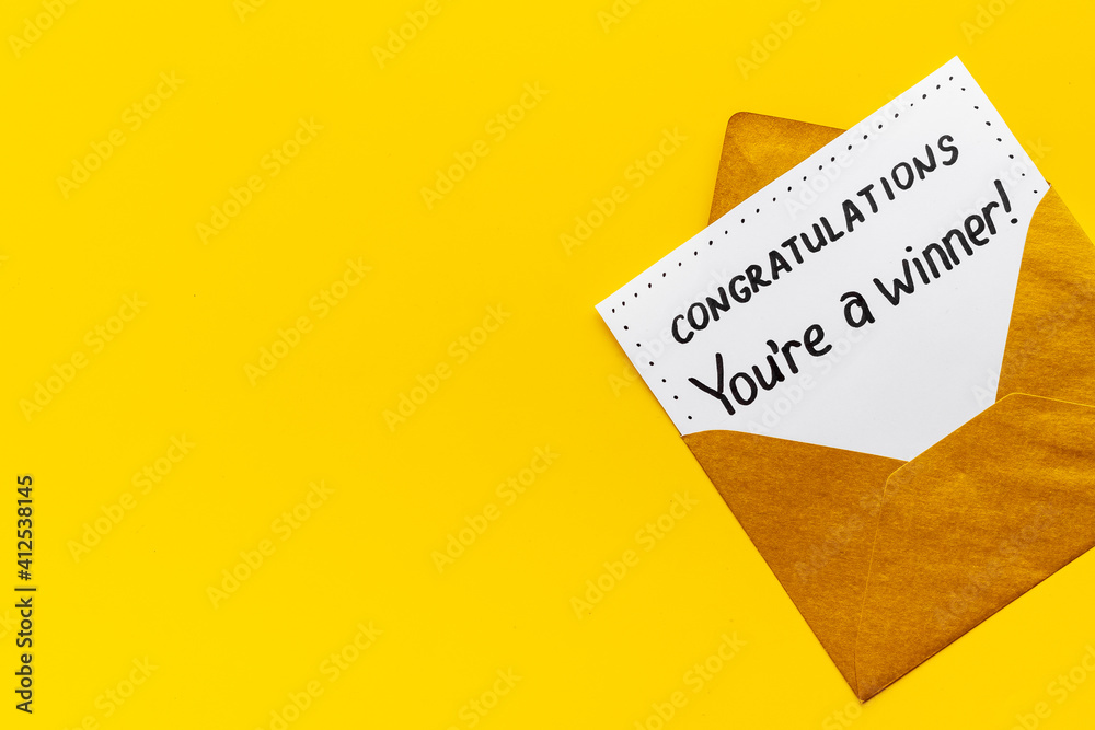 Award letter You Re A Winner in golden yellow envelope. Congratulations ...